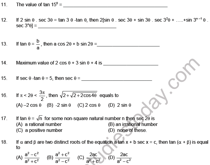 JEE Mathematics Trigonometric Functions MCQs Set A with Answers